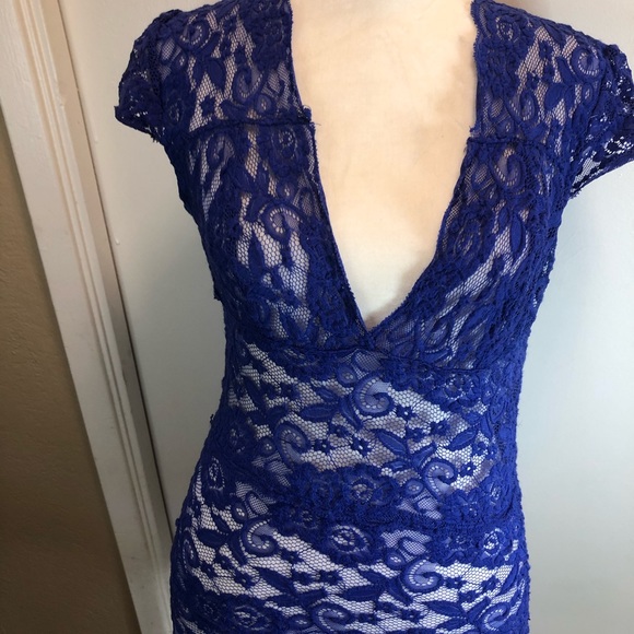 Tops | Sexy Lace Blue Low Cut Top Sz Med | Poshmark